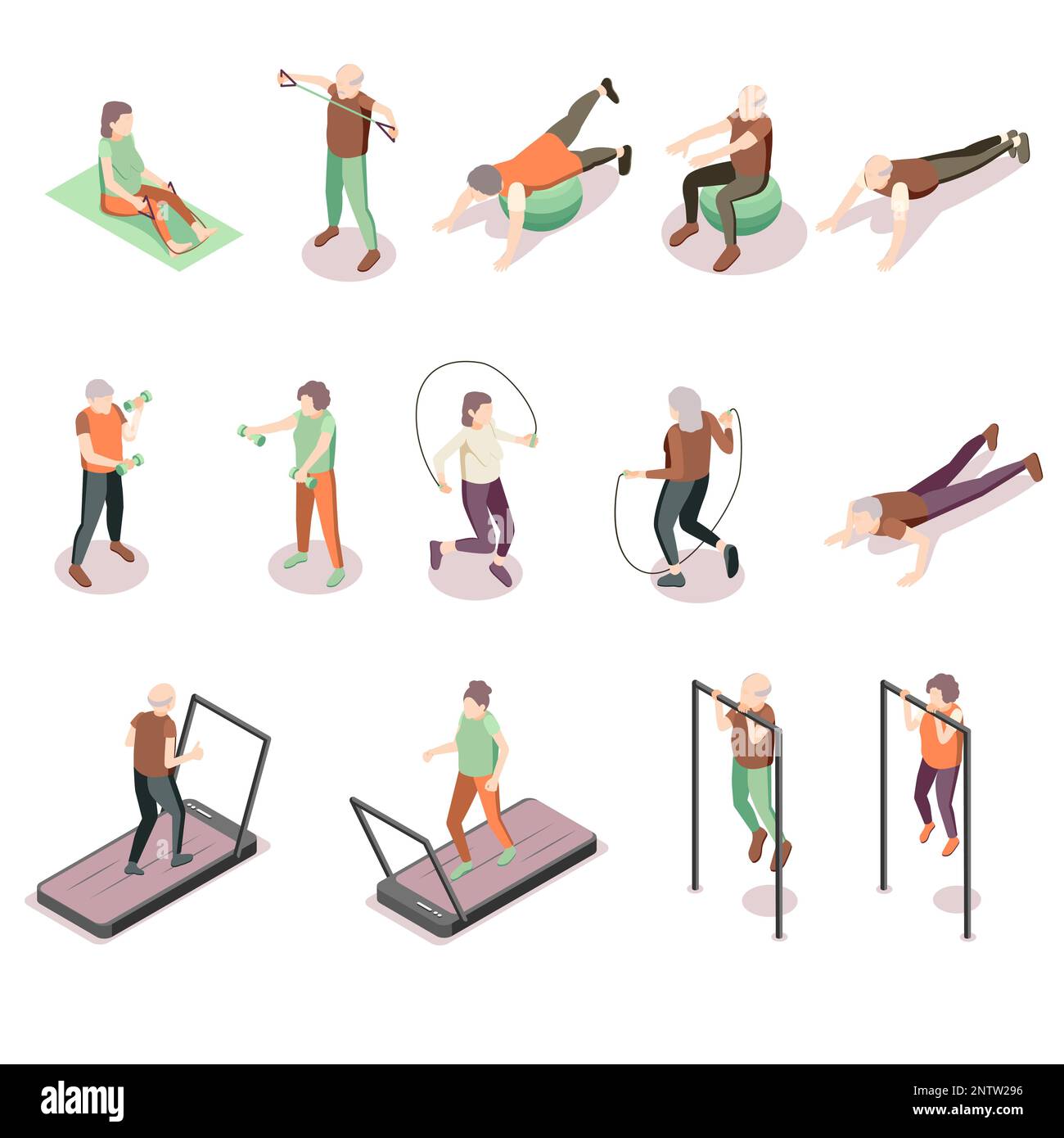 Old people fitness set with gym club symbols isometric isolated vector ...