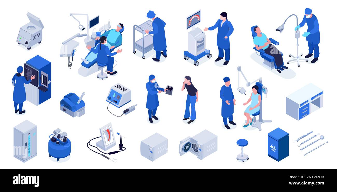 Isometric set of dental equipment dentists and patients isolated ...