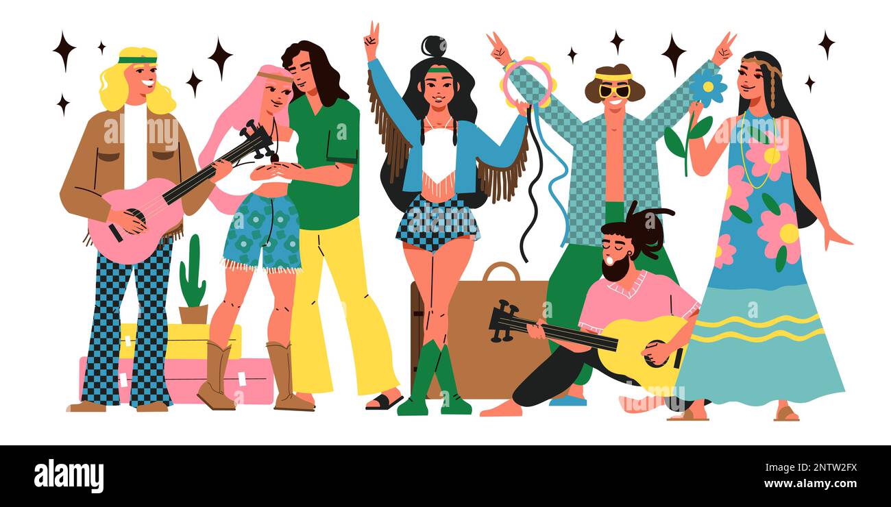 Hippie people flat composition with happy males and females with ...