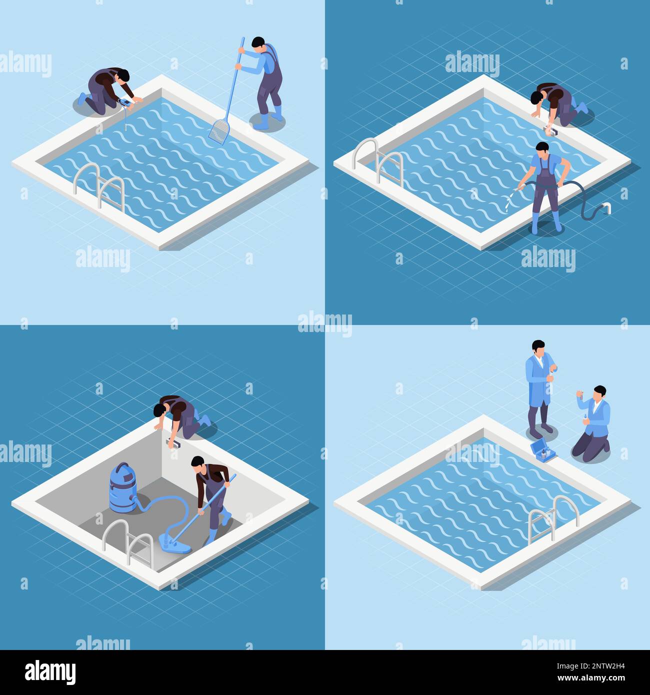 Swimming pool maintenance service isometric 2x2 set of compositions ...