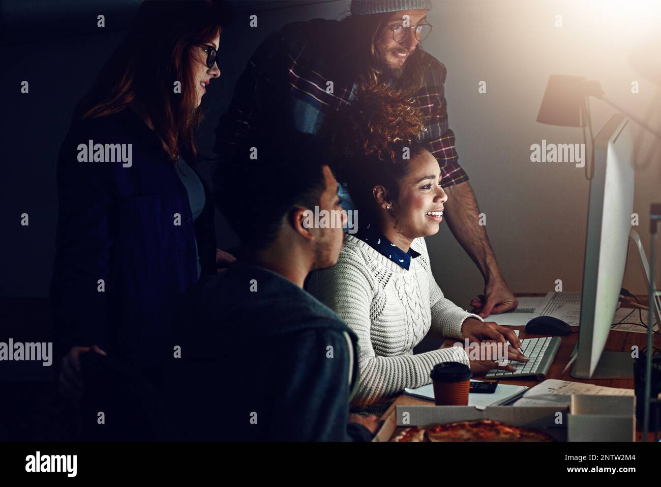 Computer, diversity collaboration and night people programming ERP software, cybersecurity ...