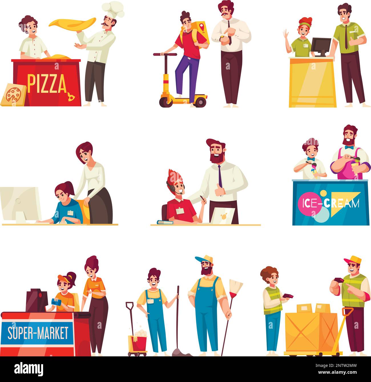 Teenagers first job and assistance work cartoon icons set isolated ...