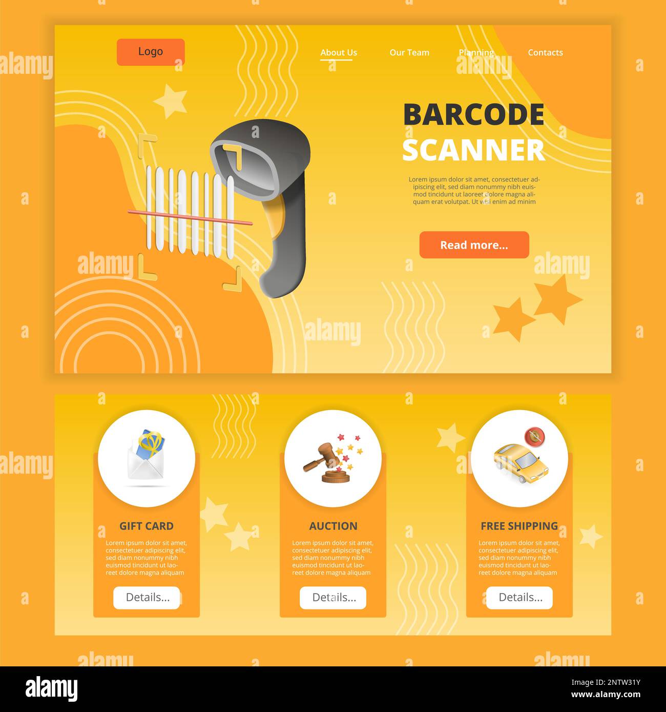 Barcode scanner flat landing page website template. Gift card, auction ...