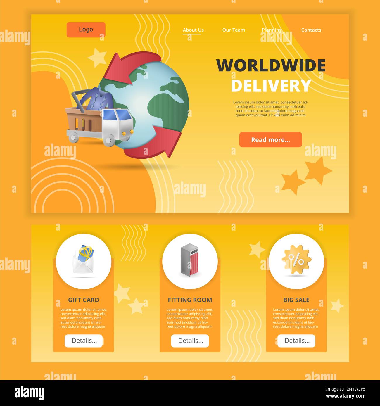 Worldwide delivery flat landing page website template. Gift card ...
