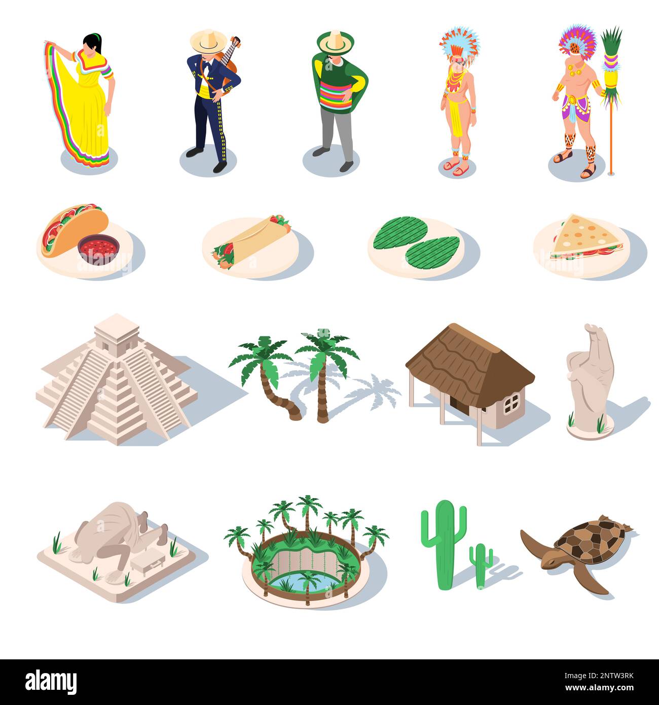 Yucatan travel isometric set with isolated icons of natives national dishes and costumes with ...