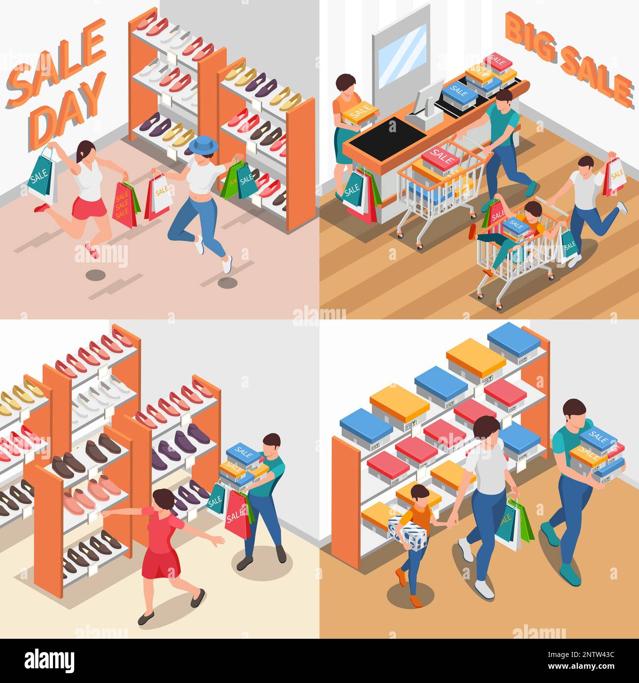 Shopping people isometric set of square compositions with indoor views ...