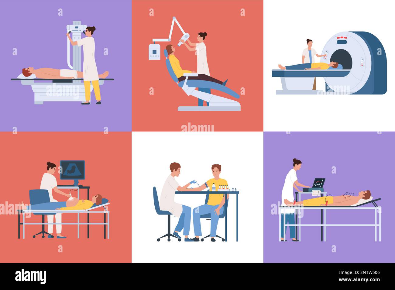 Doctors using various medical equipment to examine patients flat set ...