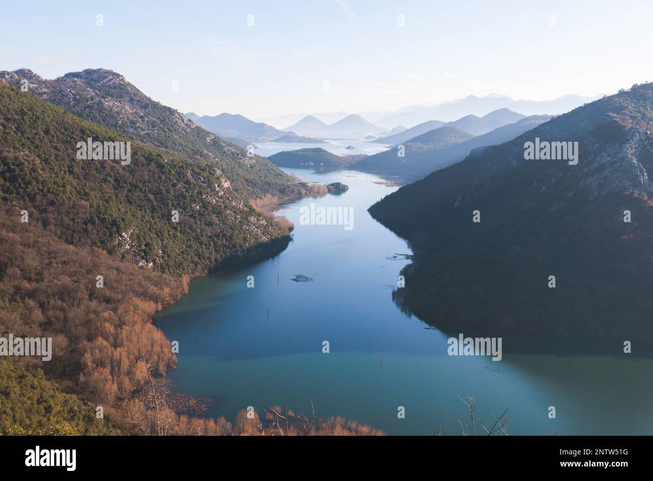 Aerial view of Skadar Lake National park panoramic vibrant landscape, Montenegro, Skadarsko ...
