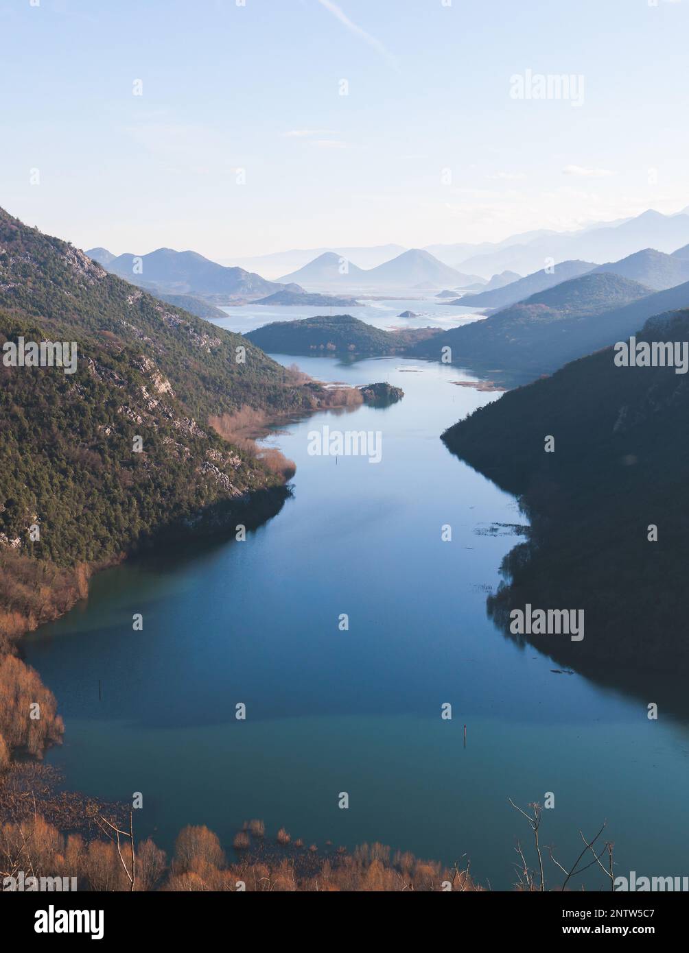 Aerial view of Skadar Lake National park panoramic vibrant landscape, Montenegro, Skadarsko ...