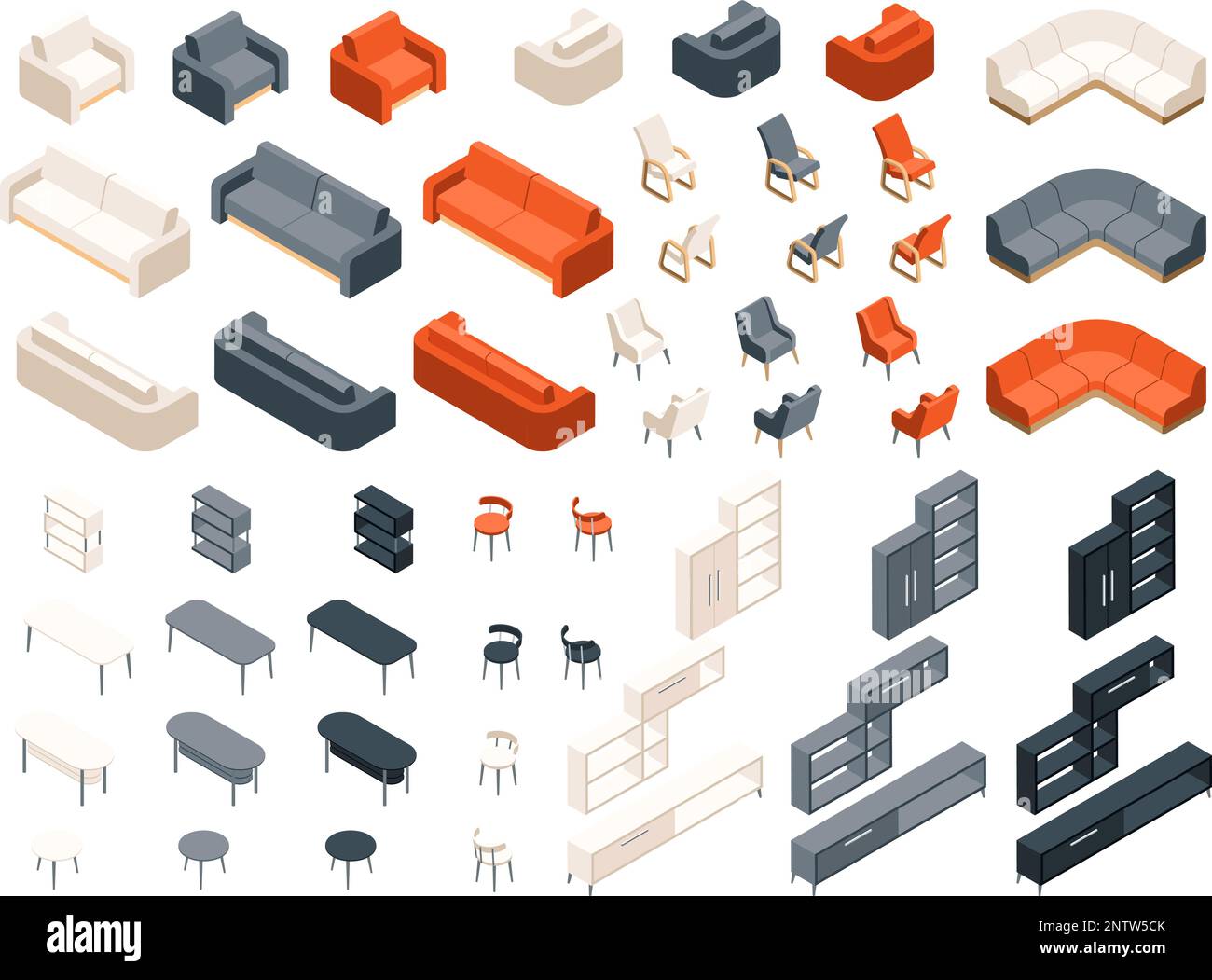 Isometric home furniture interior color set of isolated icons from chairs to sofas and wall ...