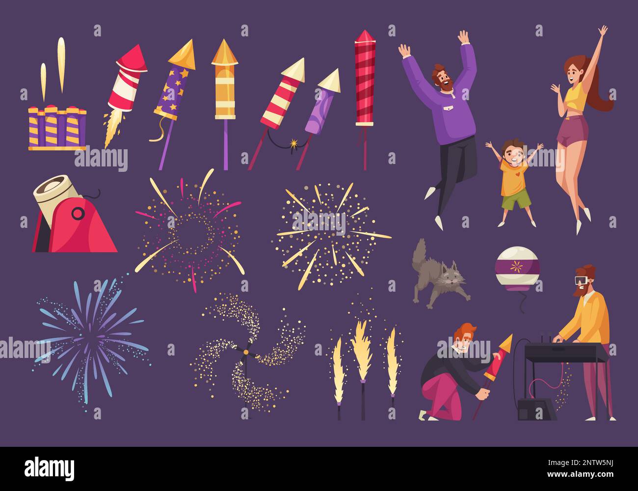 Fireworks icons set with festival symbols flat isolated vector ...