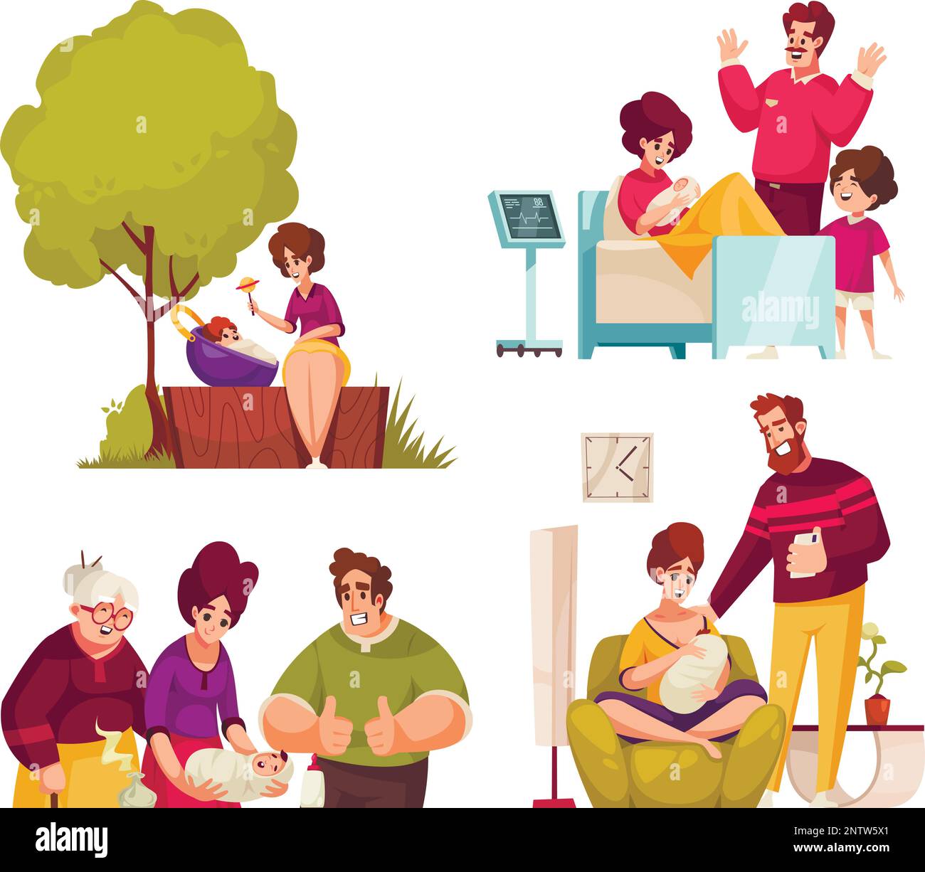 Pregnancy and maternity cartoon icons set with happy parents and baby ...