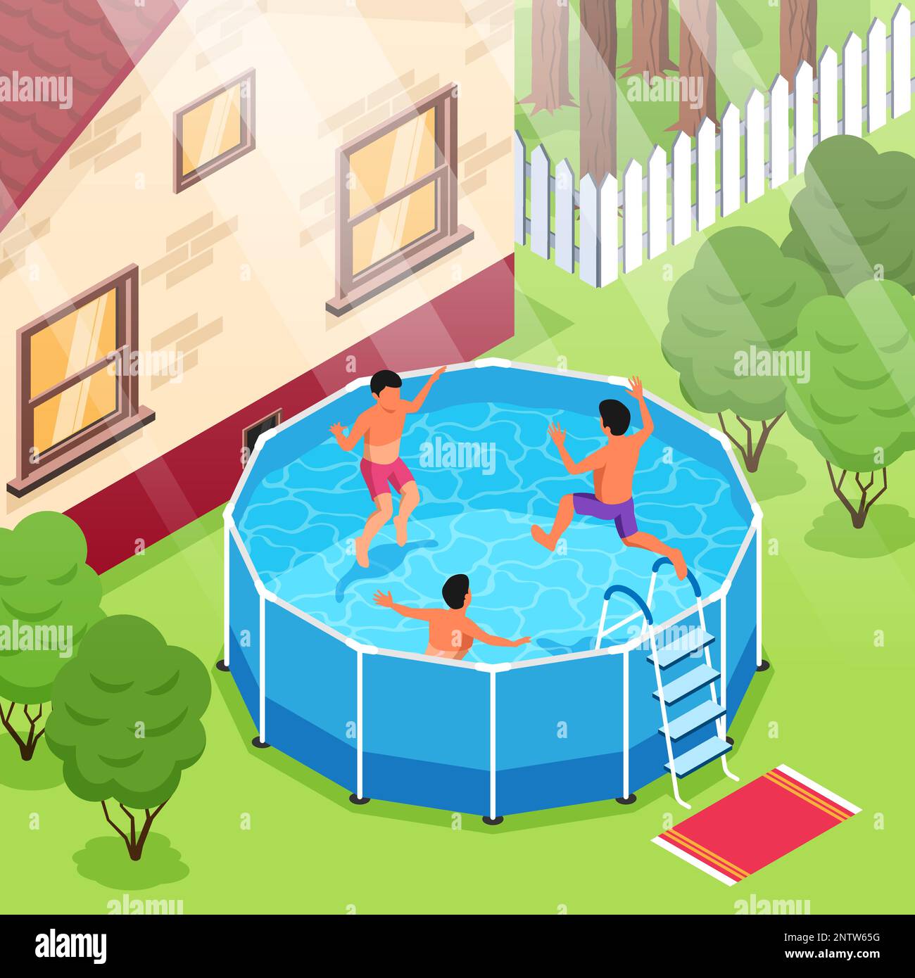 Isometric swimming pool composition with outdoor view of suburban house backyard with kids ...