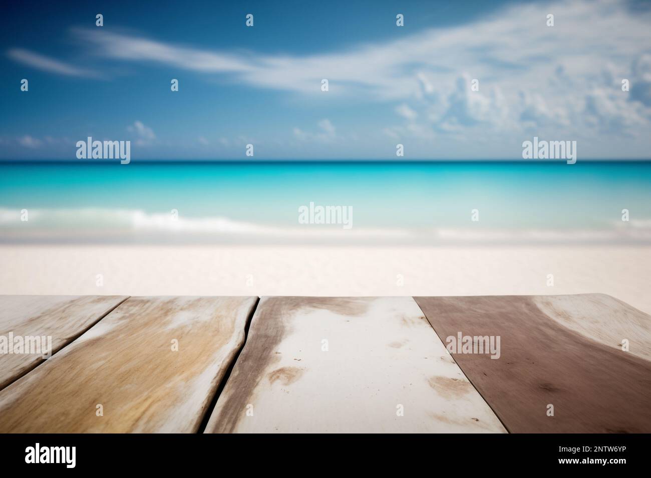 Wood table top on blurred blue sea and white sand beach background ...