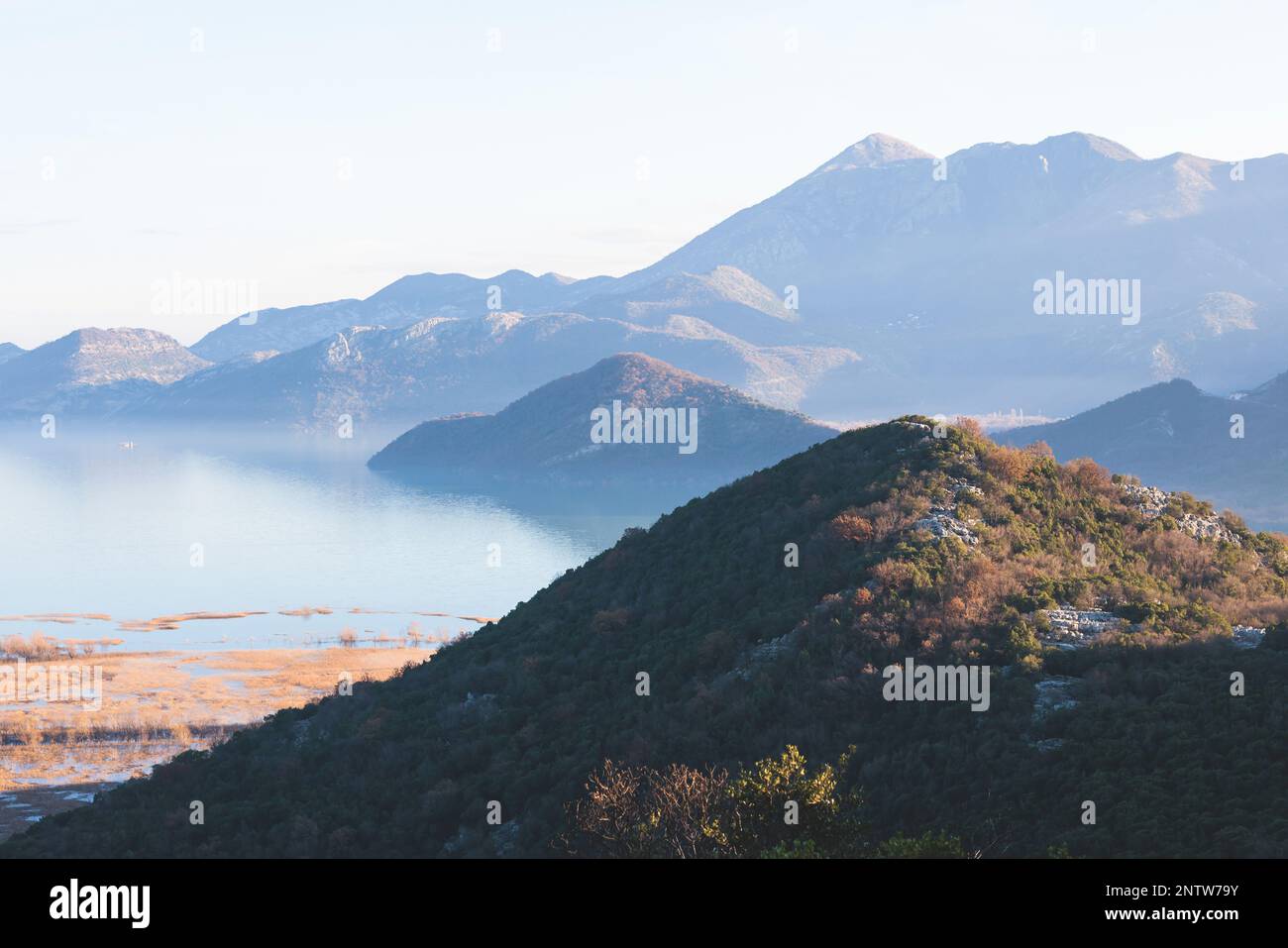 Aerial view of Skadar Lake National park panoramic vibrant landscape, Montenegro, Skadarsko ...