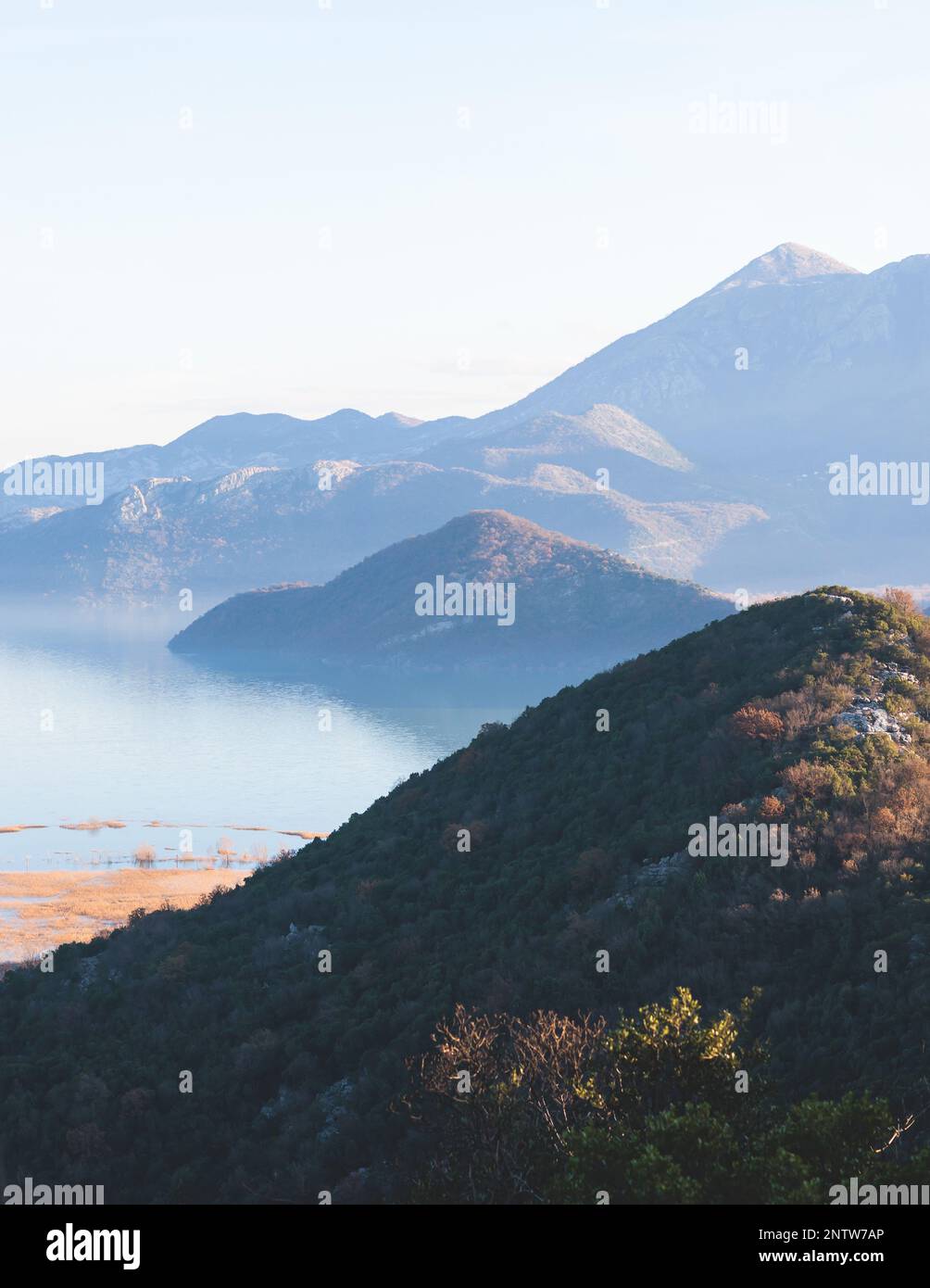Aerial view of Skadar Lake National park panoramic vibrant landscape, Montenegro, Skadarsko ...