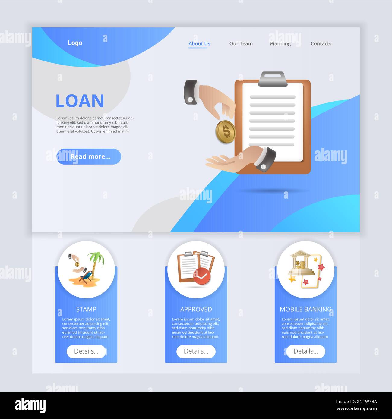 Loan flat landing page website template. Stamp, approved, mobile ...