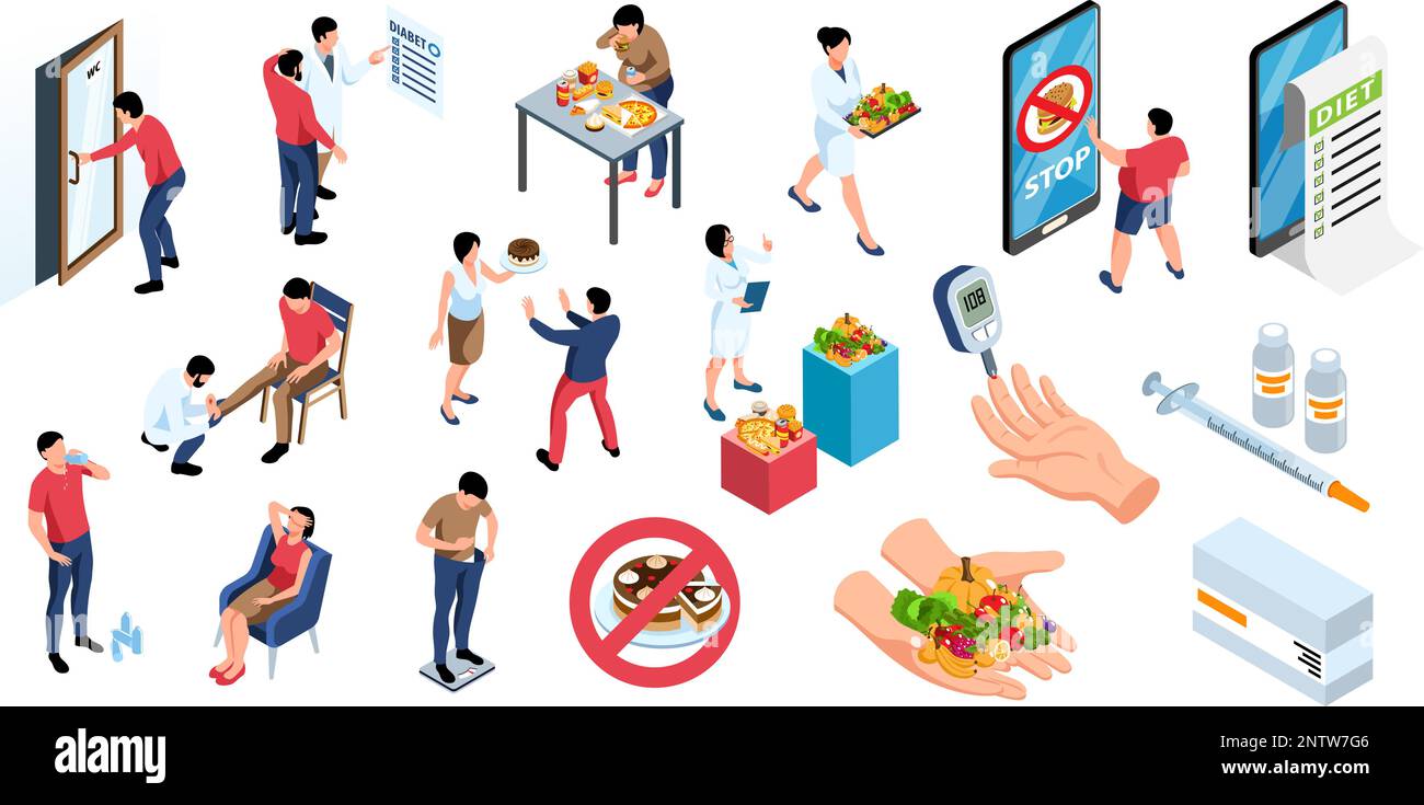 Isometric diabetes nutritionist set with isolated images of dangerous ...
