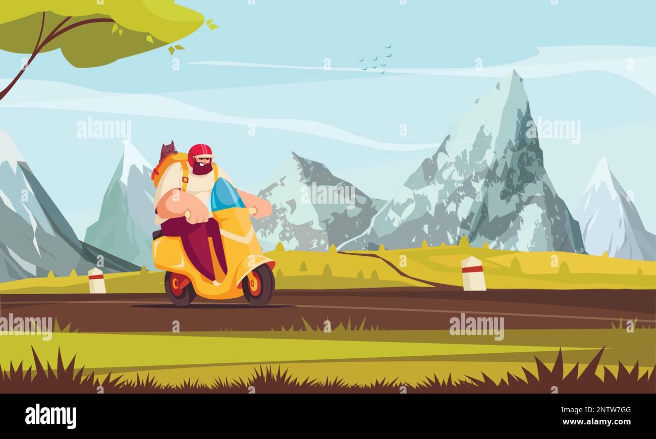 Motorcycle cartoon poster with male biker on scooter vector ...