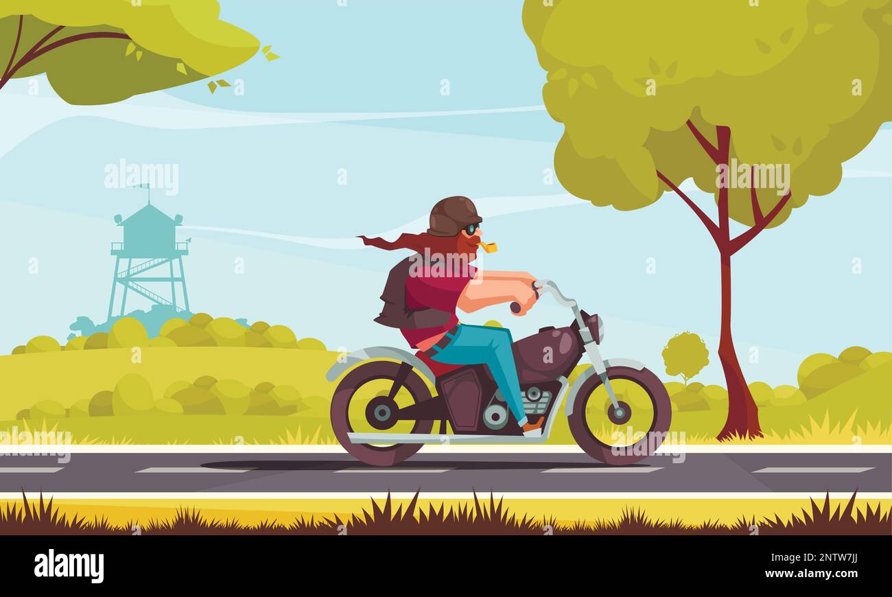 Motorcycle poster with biker riding his bike by country road cartoon ...