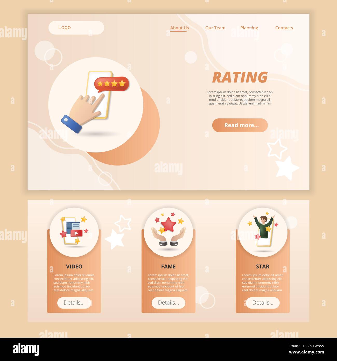 Rating flat landing page website template. Video, fame, star. Web ...