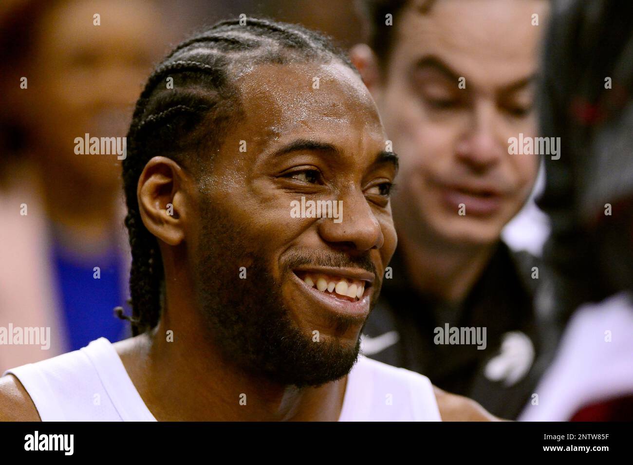 Toronto Raptors forward Kawhi Leonard (2) smiles on the bench during ...