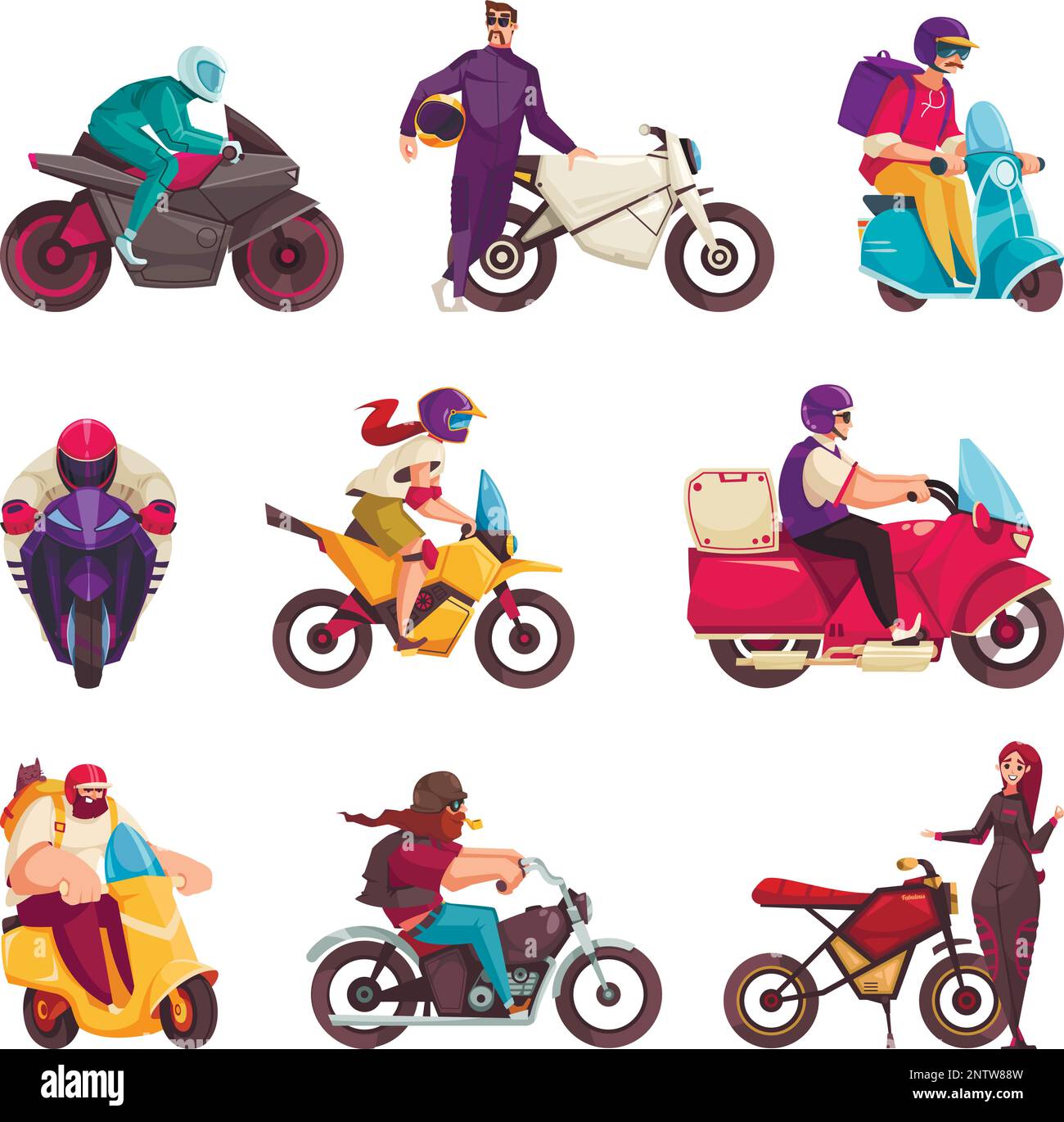 Motorcycle cartoon icons set with male and females bikers and bikes ...