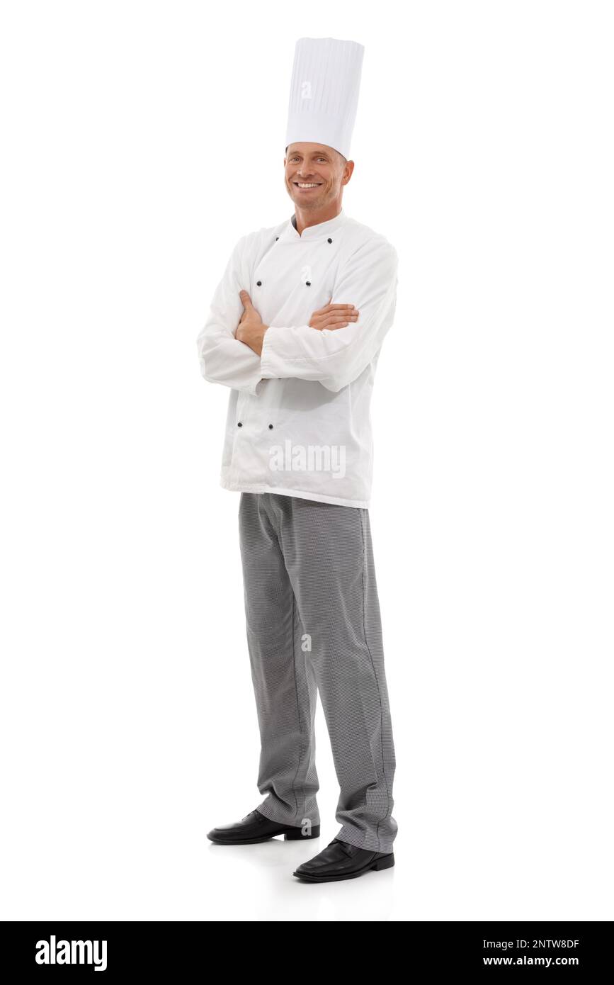 Master chef. Full length studio shot of a smiling chef isolated on ...