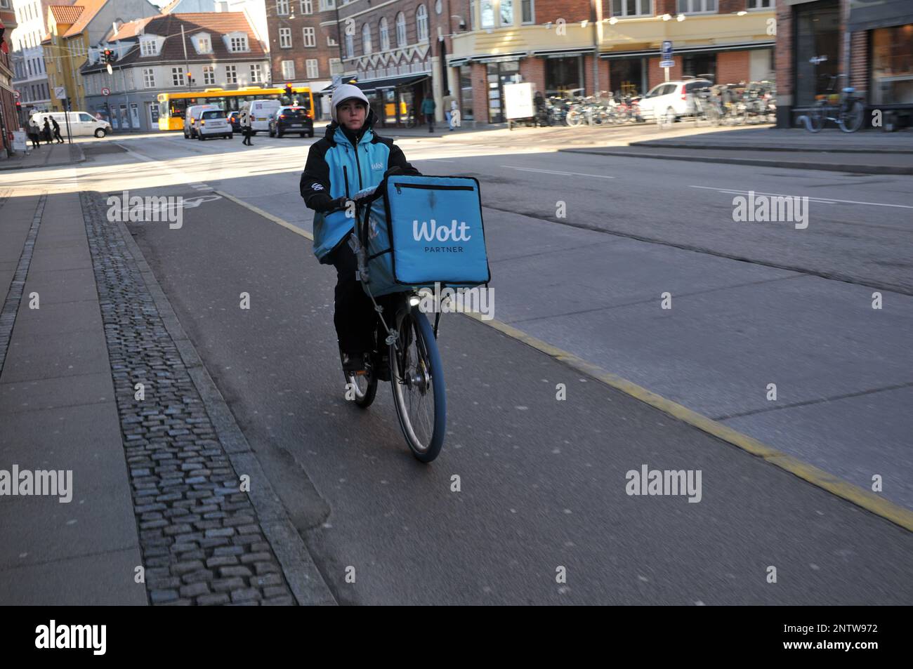 Copenhagen/Denmark/28 February 2023/ Wolt partner food delivery biker ...