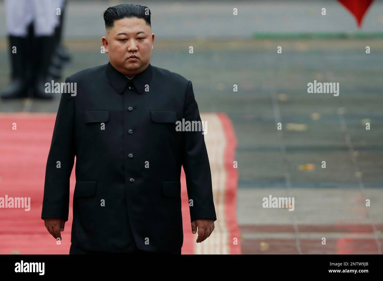 North Korea's leader Kim Jong Un attends a welcoming ceremony at the ...