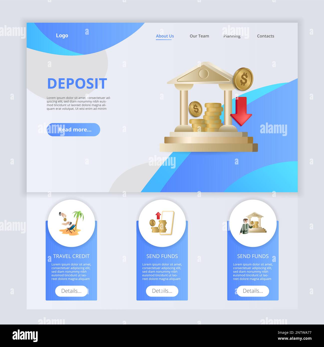 Deposit flat landing page website template. Travel credit, send funds ...