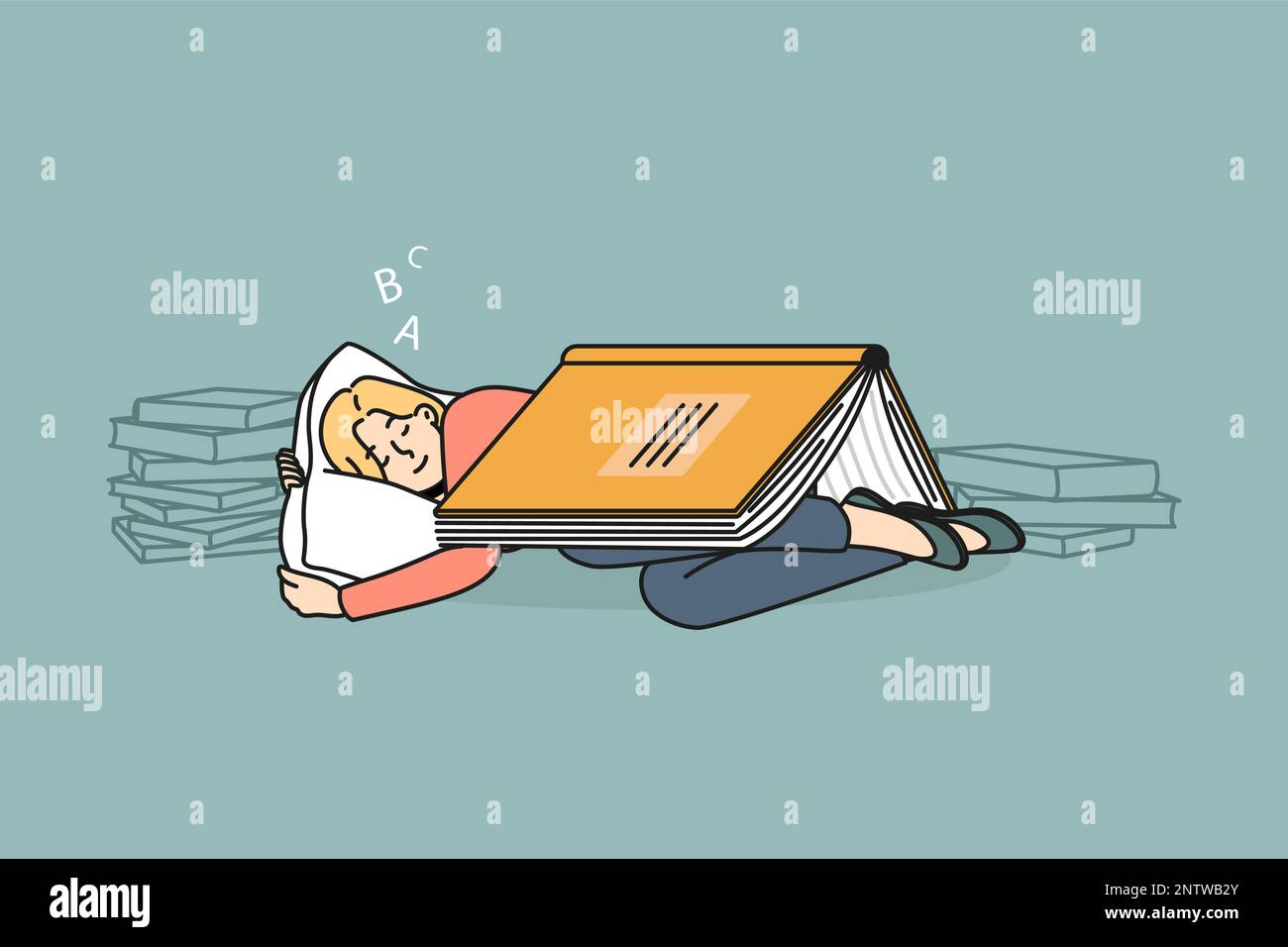 Calm girl sleeping on pillow with huge book cover. Relaxed woman rest ...
