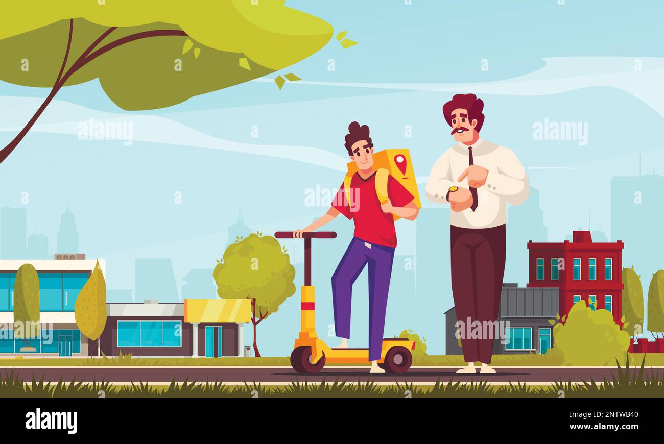 Teenager work poster with young delivery man with electric scooter ...
