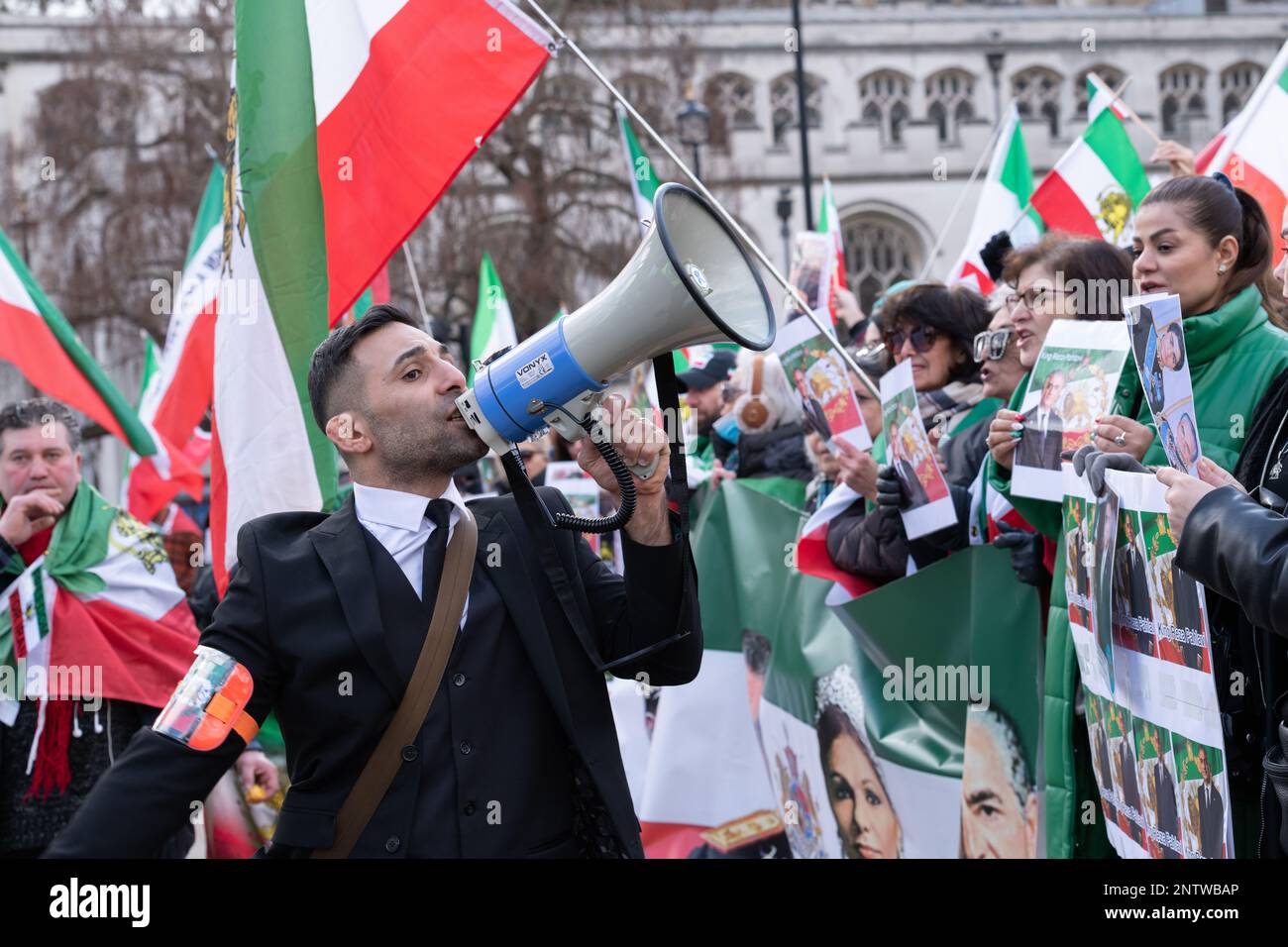 London, UK. 27 February, 2023. Iranian monarchists gather in Parliament ...