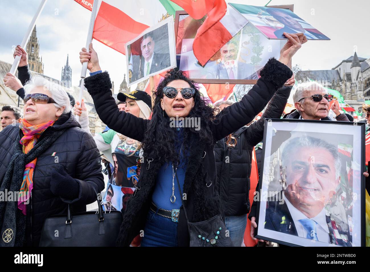 London, UK. 27 February, 2023. Iranian monarchists gather in Parliament ...