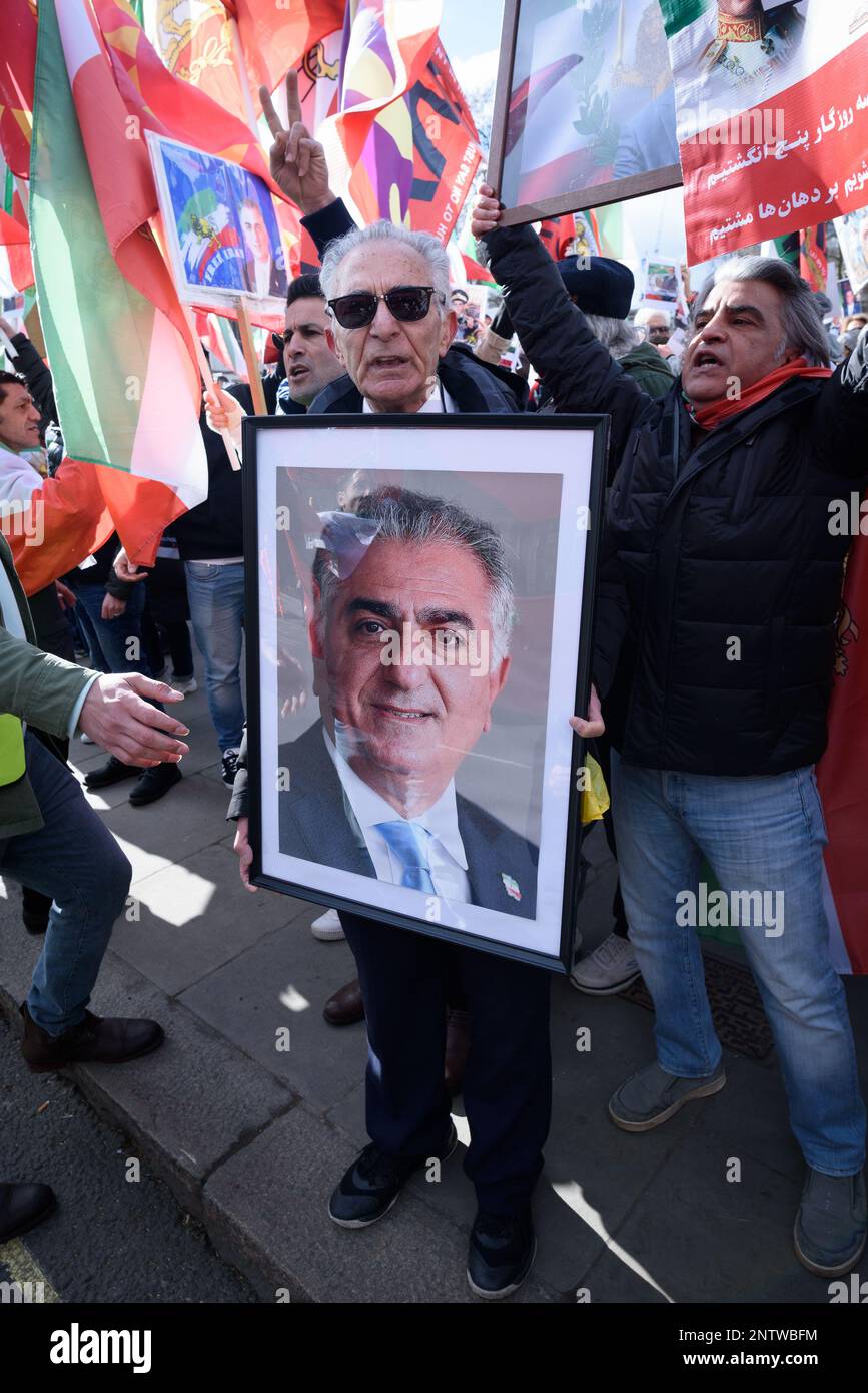 London, UK. 27 February, 2023. Iranian monarchists gather in Parliament ...