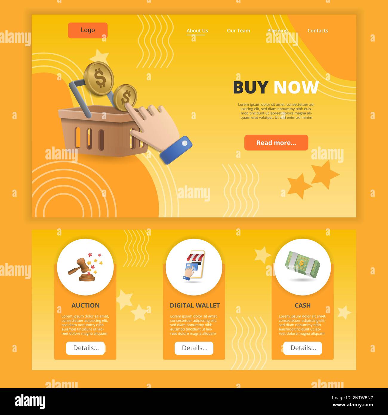 Buy now flat landing page website template. Auction, digital wallet ...