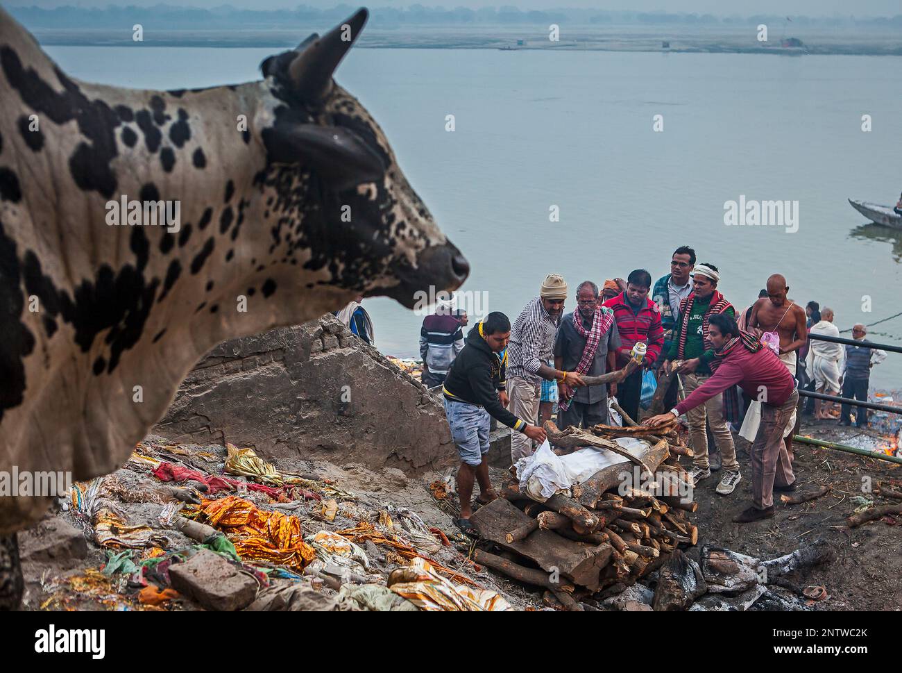 Family preparing a family member's body to burn, in Manikarnika Ghat ...