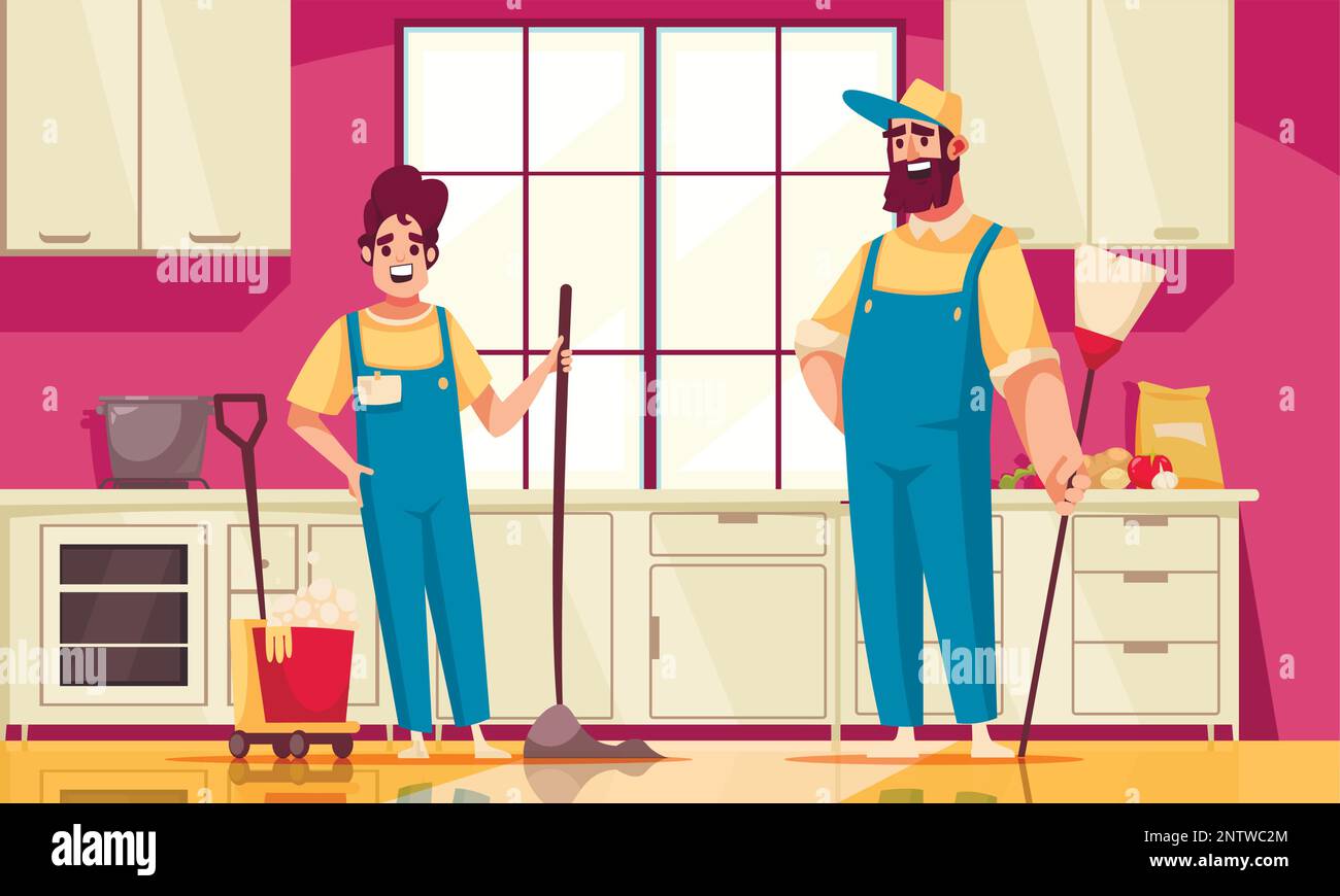 Teenager work cartoon poster with young man cleaning kitchen floor ...