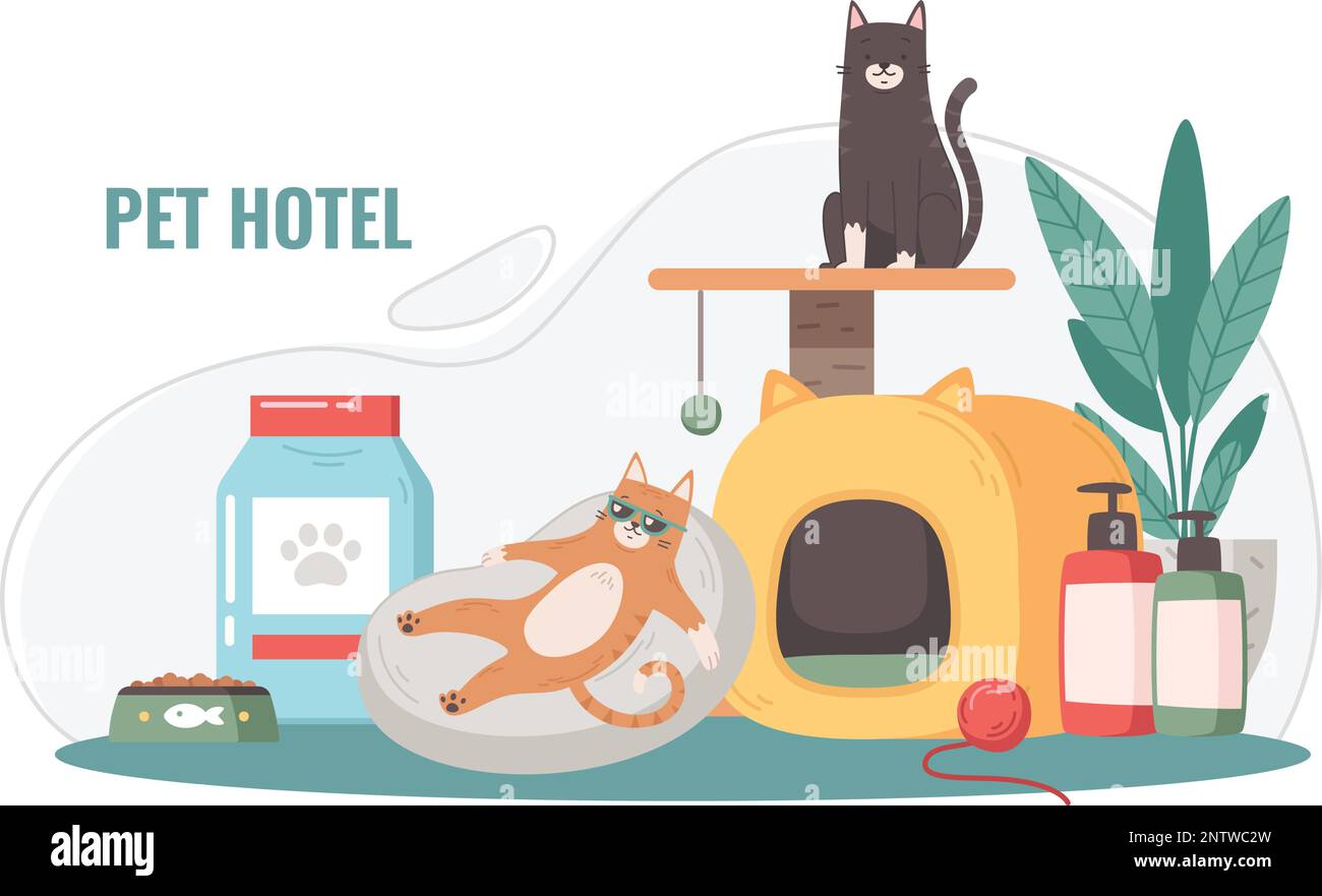 Pet hotel cartoon composition with medical and cleaning items and ...
