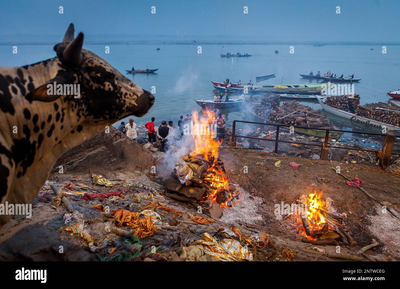 Cremation of bodies, in Manikarnika Ghat, the burning ghat, on the ...