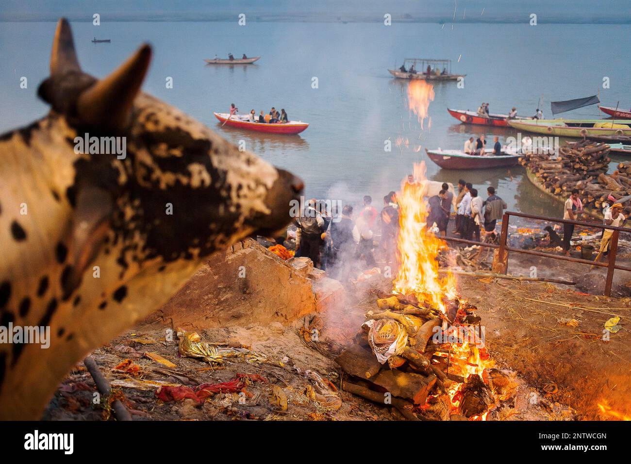 Cremation of bodies, in Manikarnika Ghat, the burning ghat, on the ...