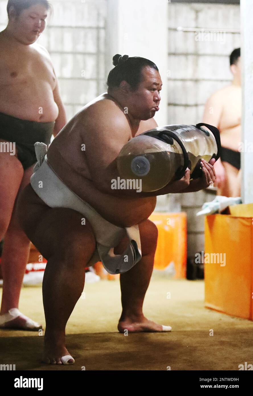 Sumo wrestlers of Tokitsukaze stable take part in a training prior to ...