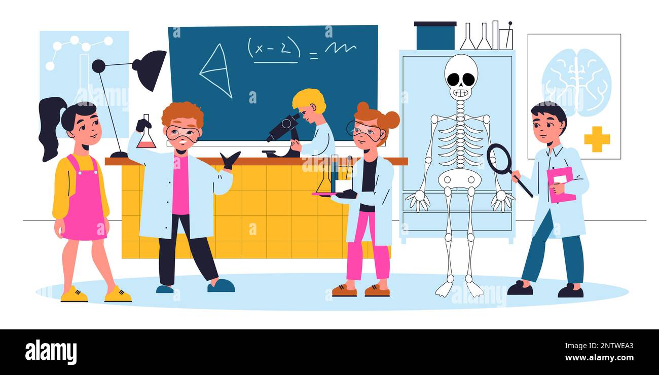 Stem camp children background with science and experiment symbols flat ...