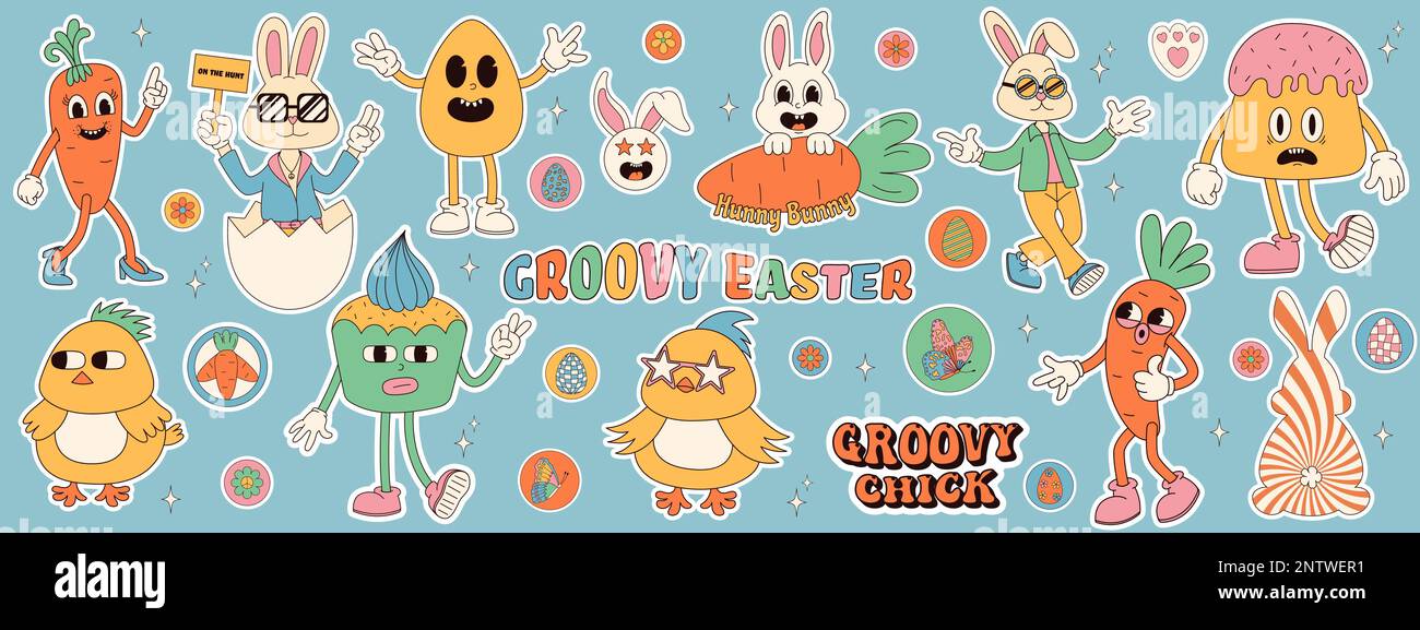 Groovy hippie Happy Easter stickers. Easter bunny, eggs, flower ...