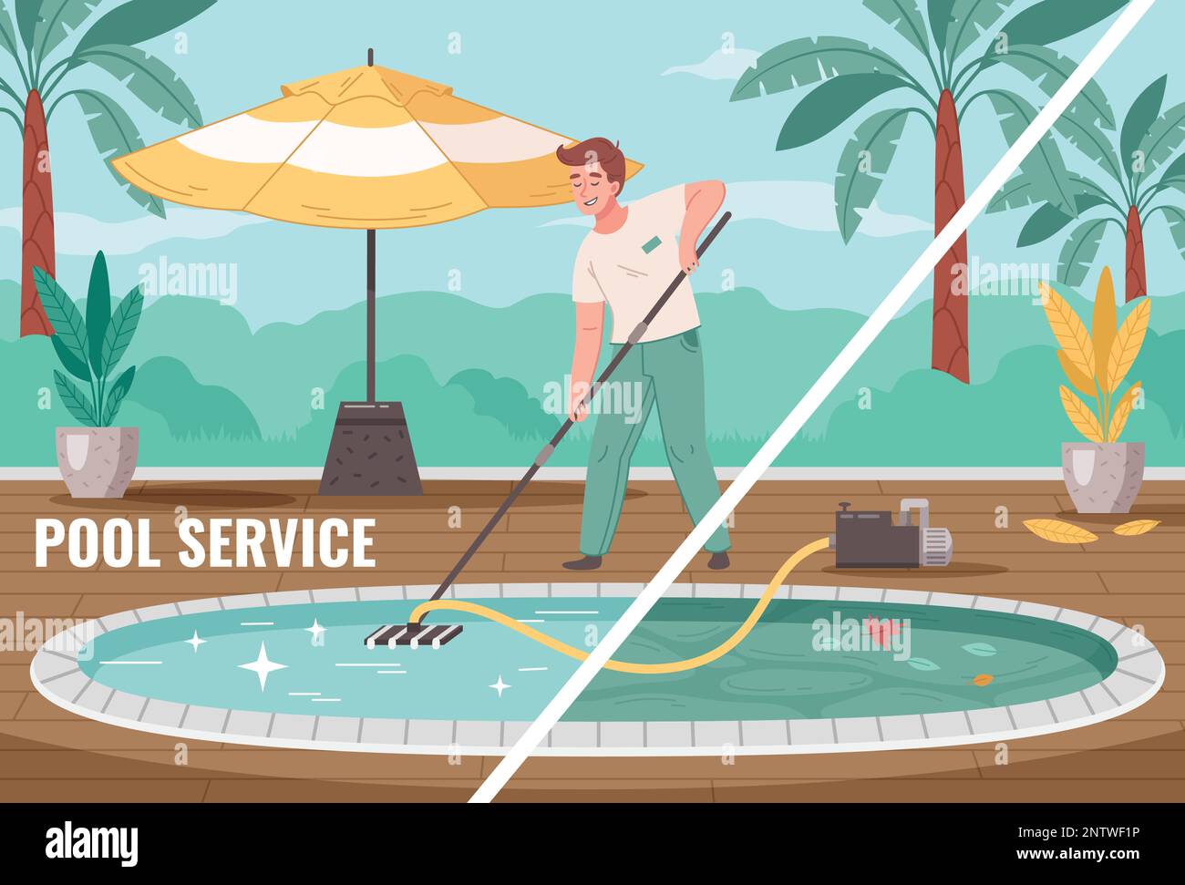 Pool service cartoon composition with man cleaning swimming outdoor ...