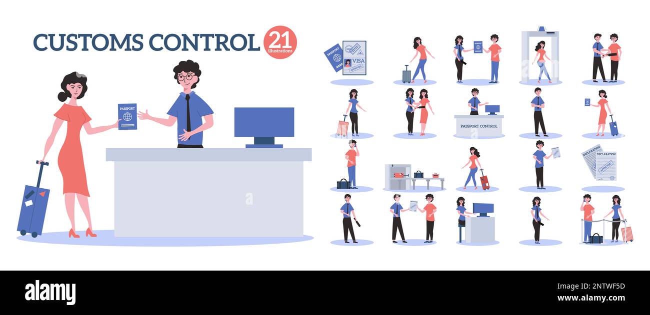 Customs control composition set with flat isolated characters of people ...