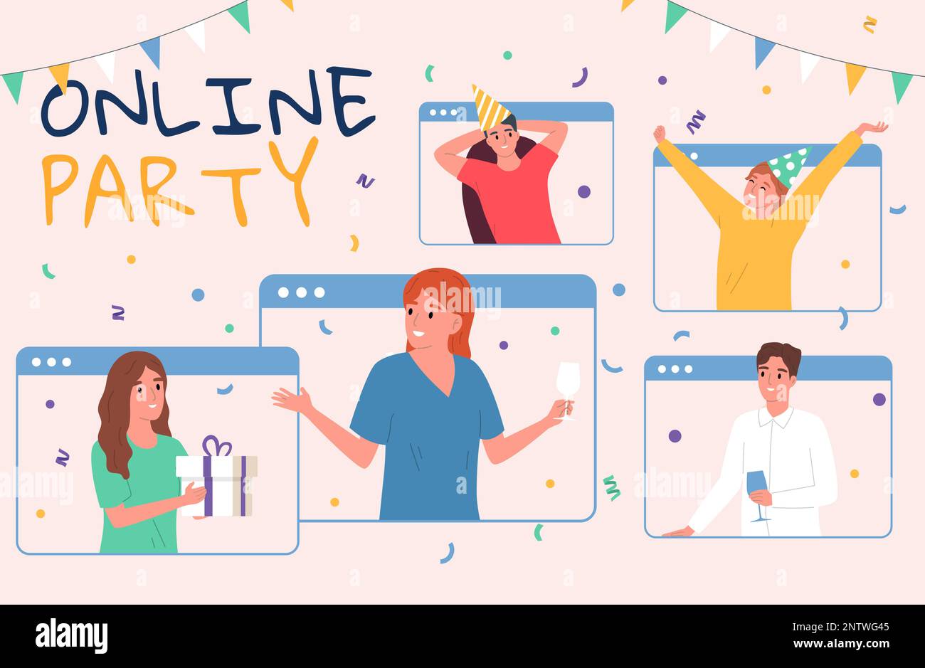 Online party flat poster with people having fun together during video ...