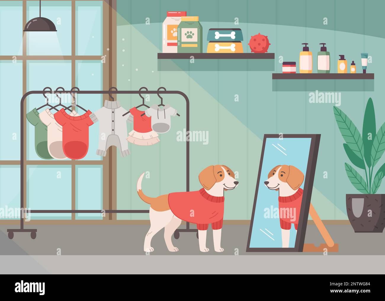 Pet services cartoon background with domestic dog looking in mirror in ...