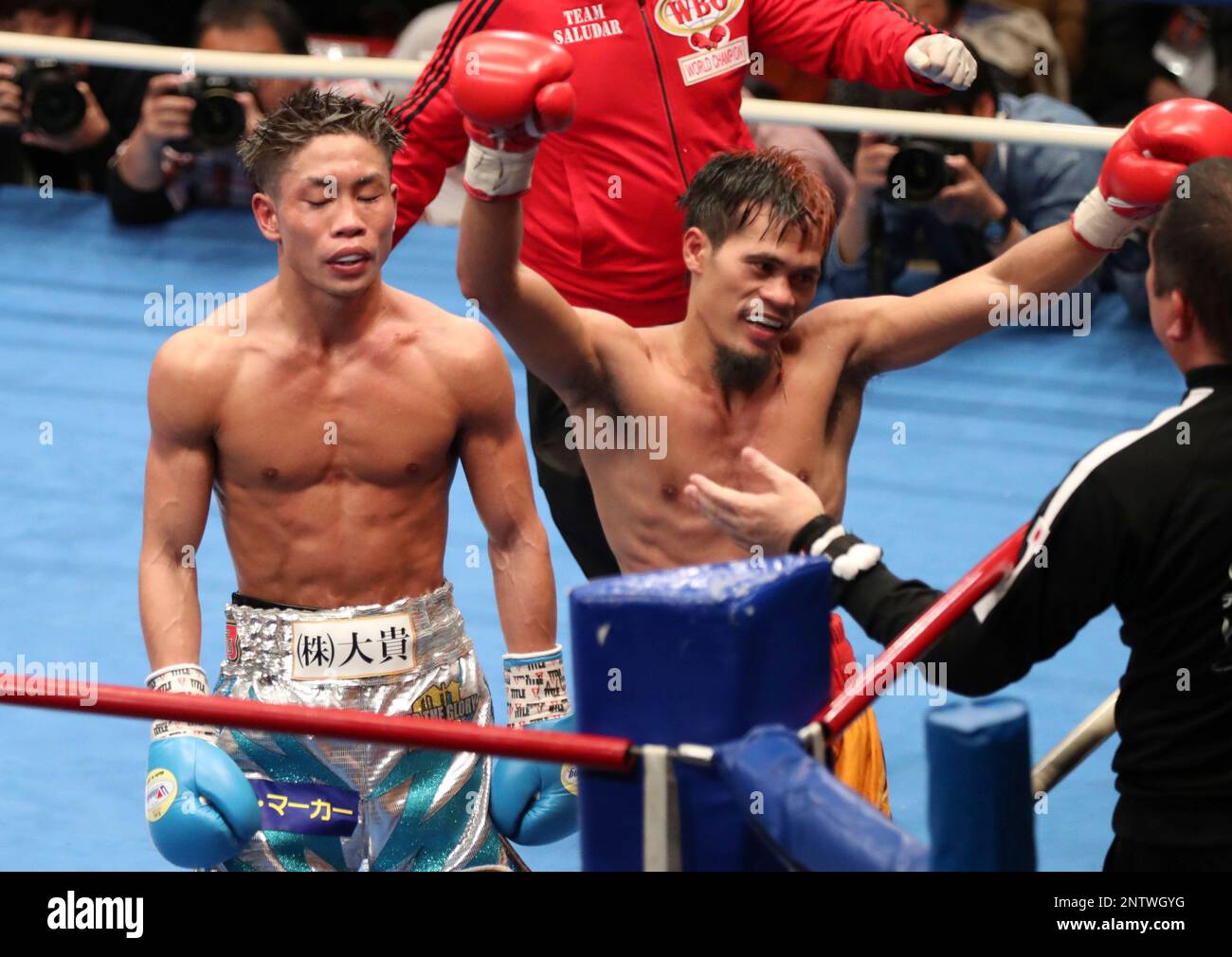 Philippines WBO minimumweight champion Vic Saludar (R) celebrates after ...
